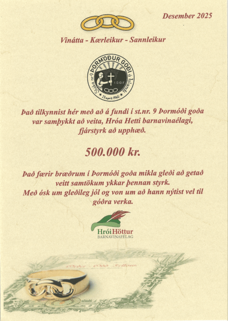 Þormóður Goði – Stúka nr. 9 styrkir HHB um 500 þús. – HHB